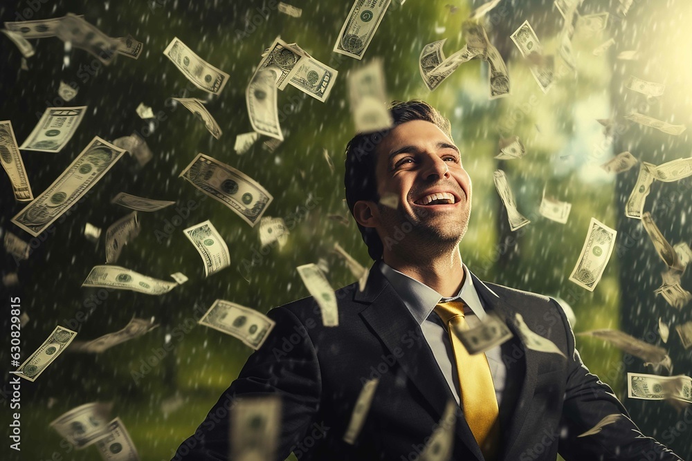 Happy successful man standing under money rain. A lot of dollar ...