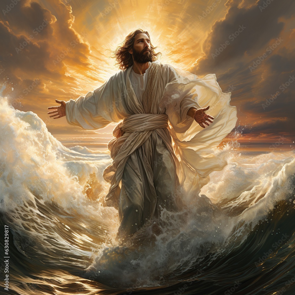 Abstract Jesus walking and flying with arms above clouds sky on ...