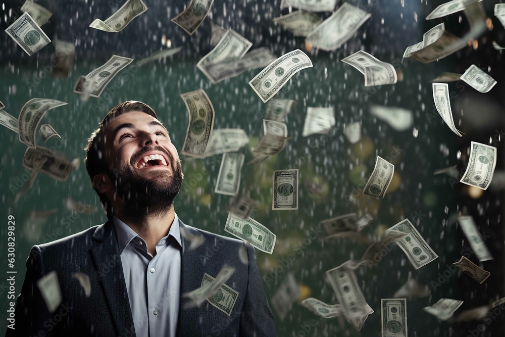 Happy successful man standing under money rain. A lot of dollar ...