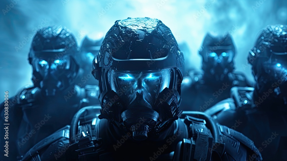 Cinematic soldiers warriors with glowing neon eyes in a gas masks for ...