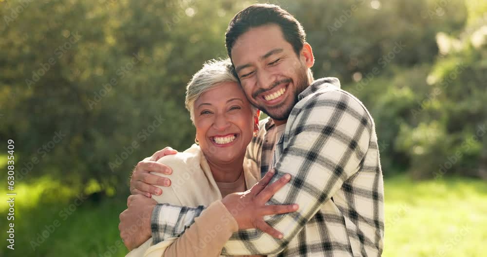 Face, man and hug mother in nature on vacation, holiday or travel ...