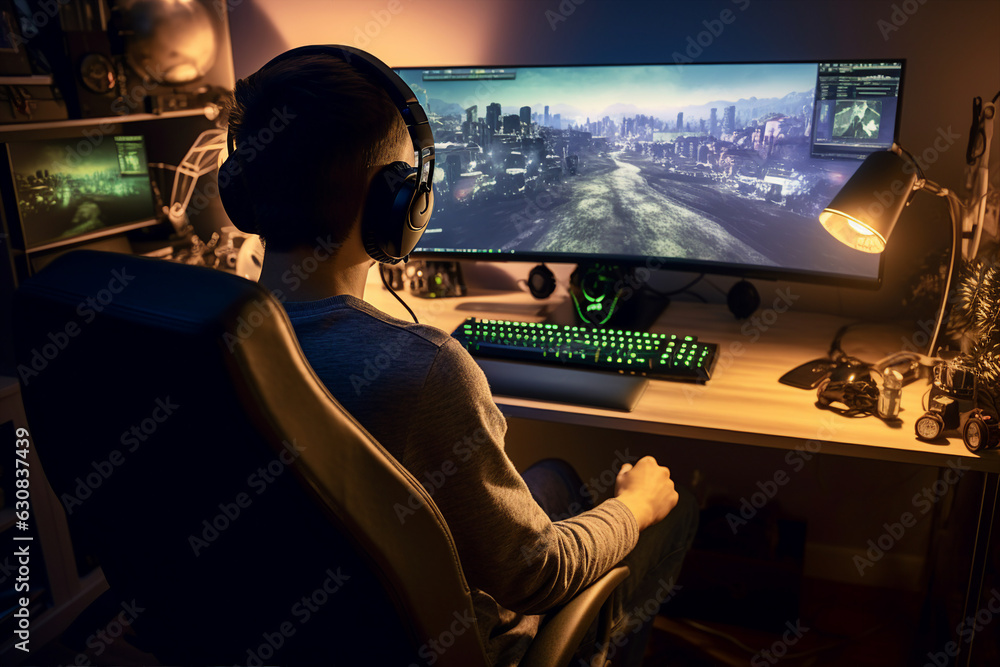 Generative ai photo collage of professional person gamer playing using ...