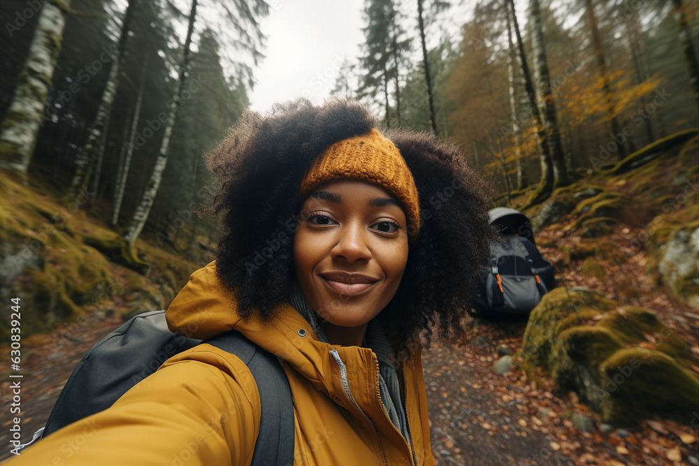 Generative AI picture image of wanderer girl in tourist gear enjoying ...