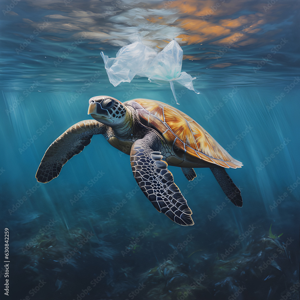 Sea Turtle swimming past a plastic bag, signifying ocean pollution and ...