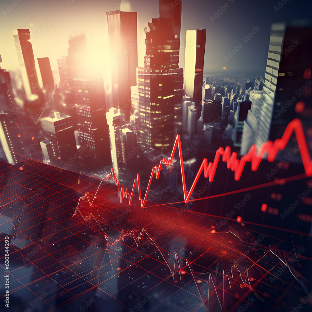 Stock line chart with skyscrapers and other buildings in the background ...