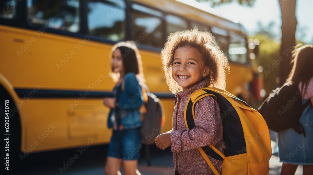 children in school bus. child with backpack. child in school. primary ...