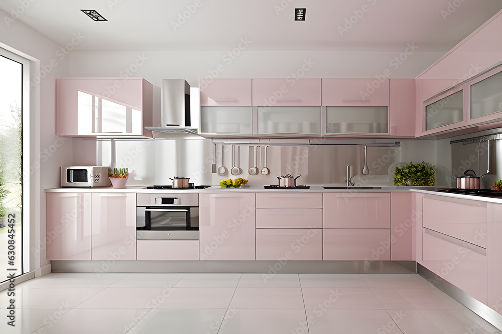Modern kitchen interior with furniture.Stylish pink kitchen interior ...
