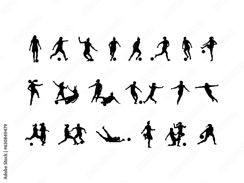Woman soccer player. Set of women soccer player silhouettes. Women ...