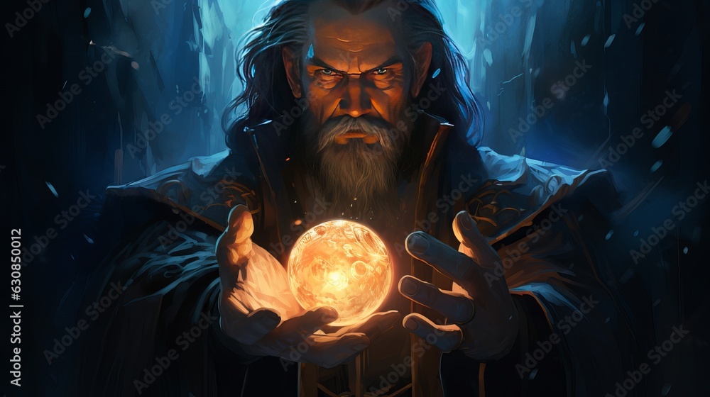 the angry sorcerer of evil spirits holds a magic gem cast a spell ...