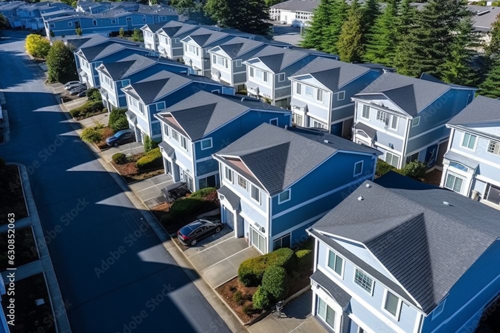 Drone view of a residential suburban area of small two-story multi ...