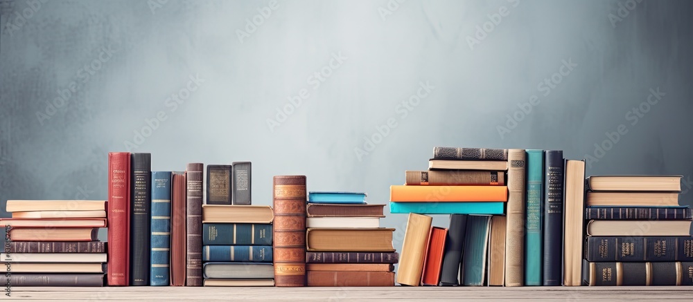 A bookshelf banner featuring a stack of books with bookmarks, providing ...