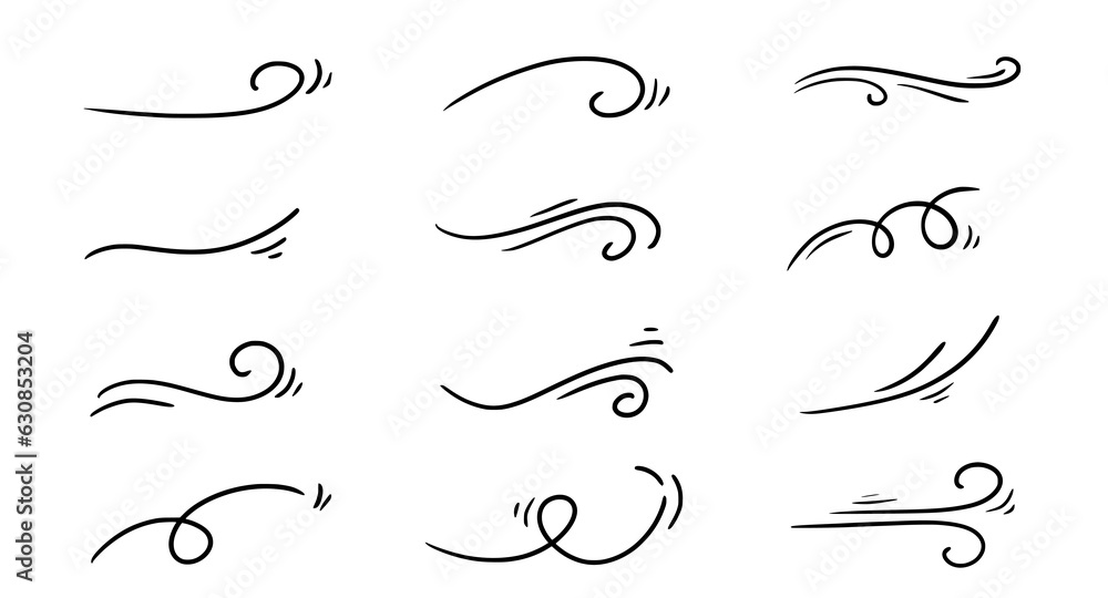 Doodle wind line sketch set. Hand drawn doodle wind motion, air blow ...
