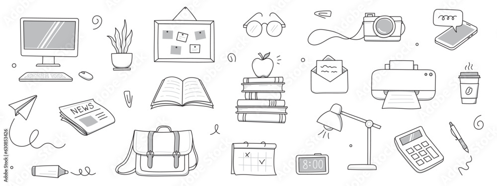 Office work doodle set. Office computer, work desk, notebook doodle ...