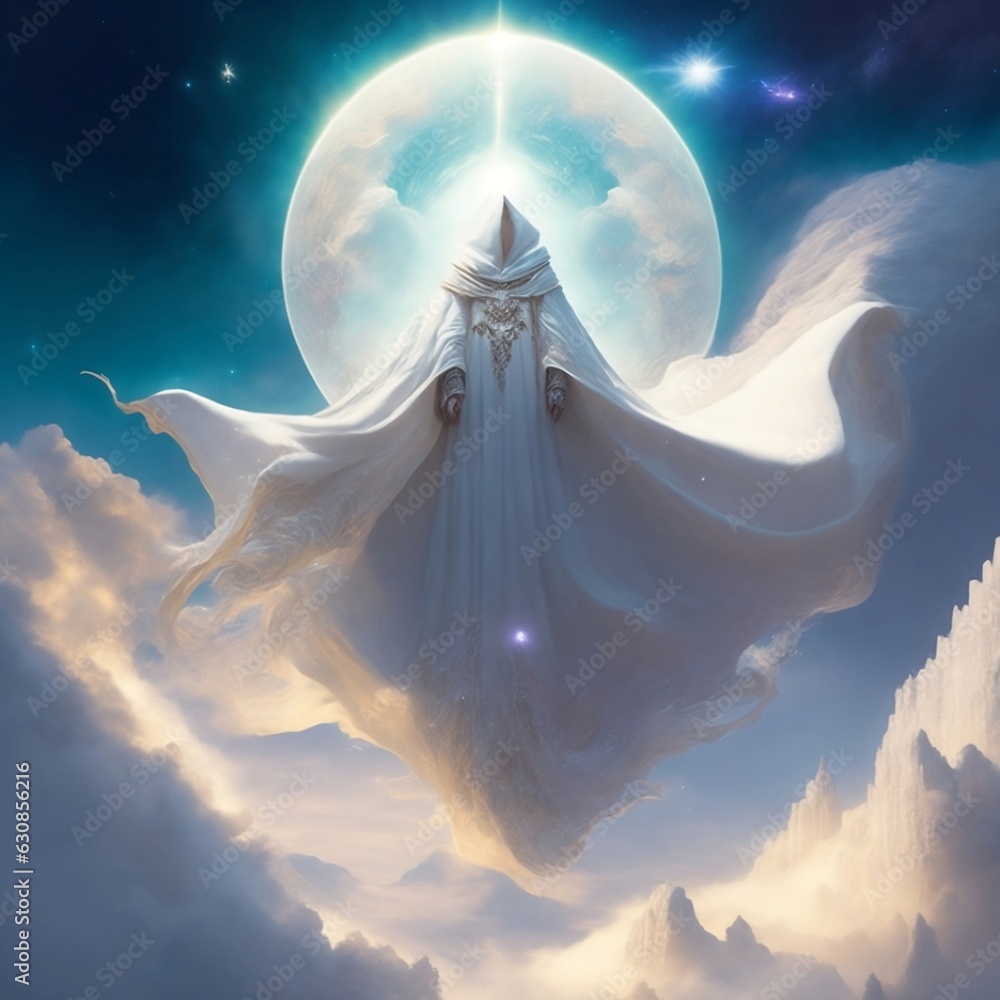 Within a mythical realm of floating islands, a figure robed in a ...