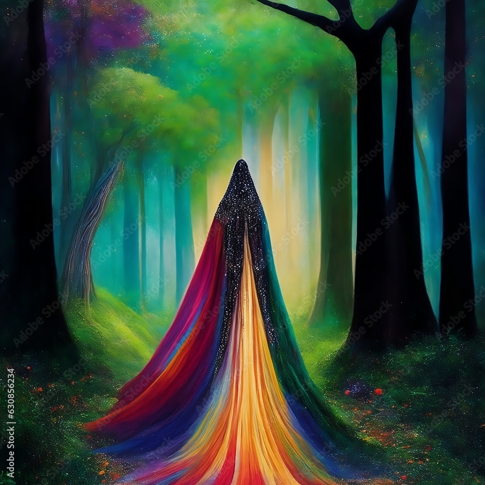 Within a sacred grove, a figure cloaked in a mystical rainbow garment ...