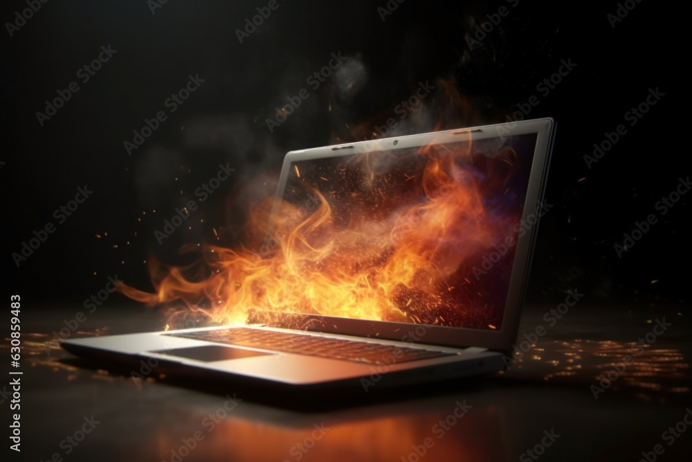 hacker crime concept art. burning pc, laptop, computer on fire. Stock ...