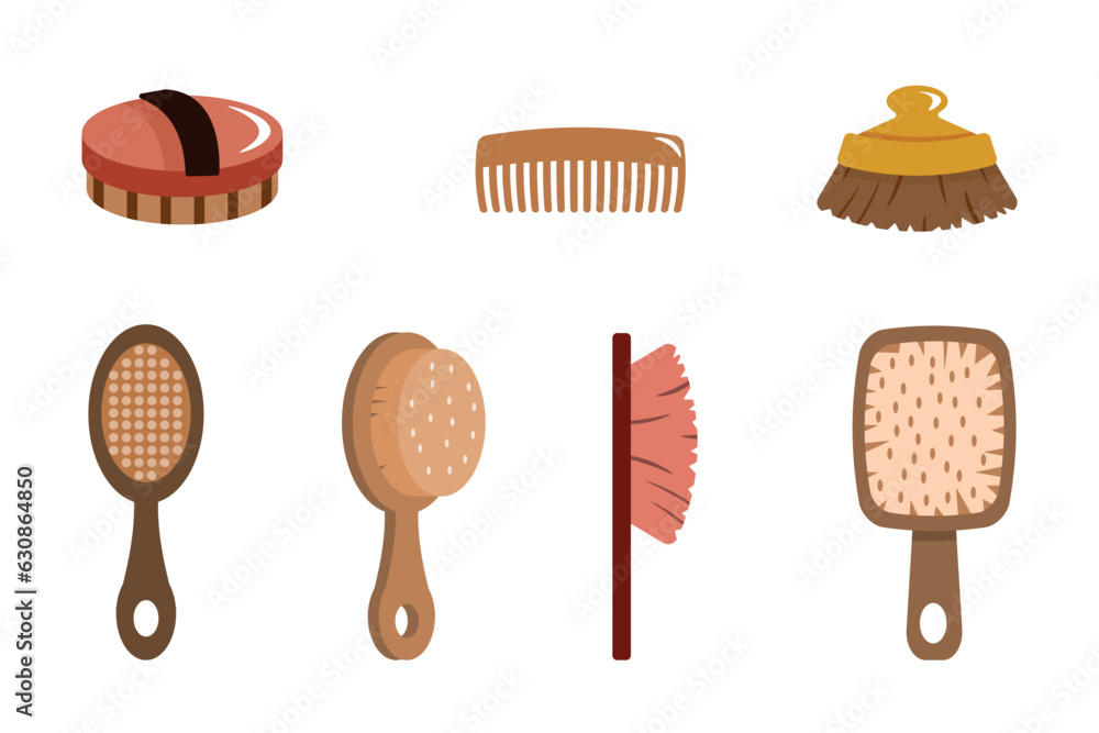 Vector illustrations of a set of combs and brushes in cartoon style ...