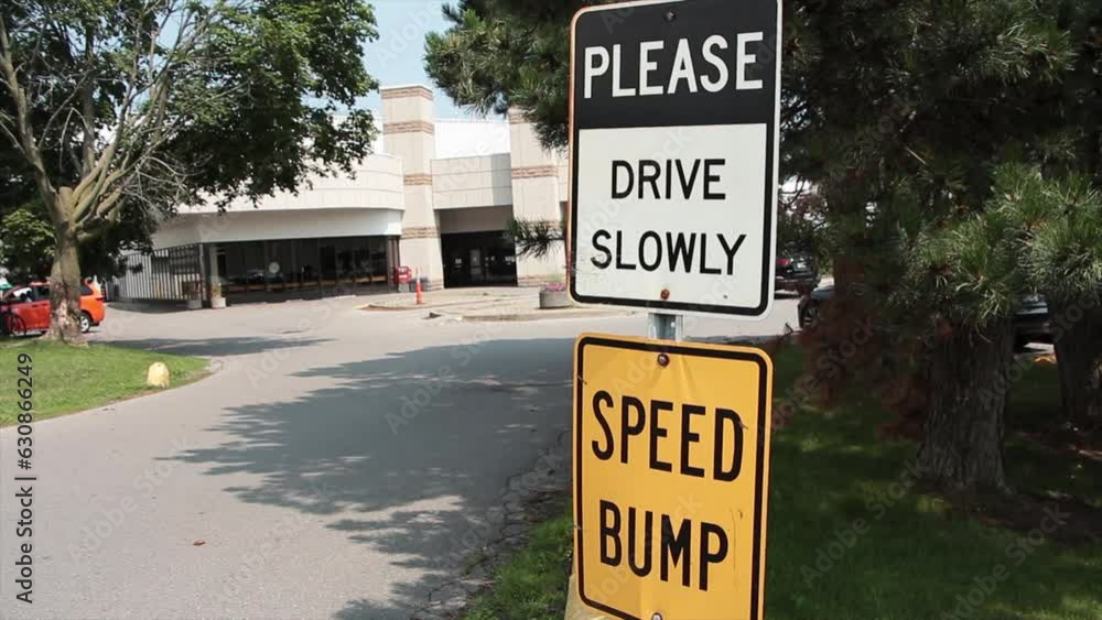 please drive slowly metal rectangle sign and speed bump sign one on top ...