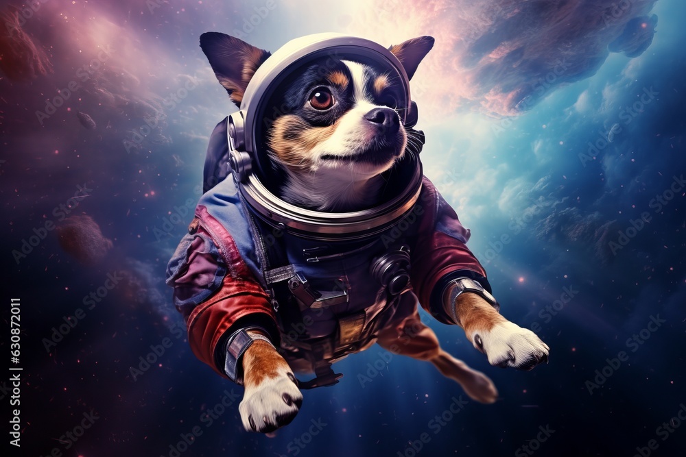 Foto de a dog wearing an astronaut suit and helm floating in the ...