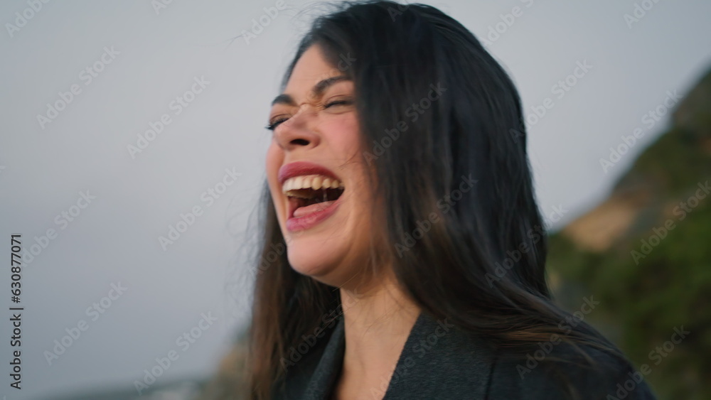 Emotional woman screaming nature dark evening close up. Girl expressing ...