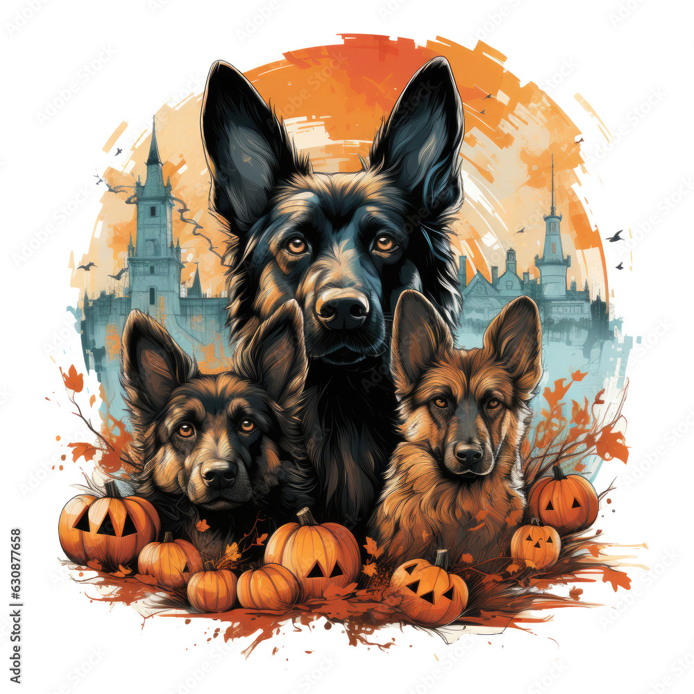 Halloween German Shepherd t-shirt design capturing a magical night in a ...