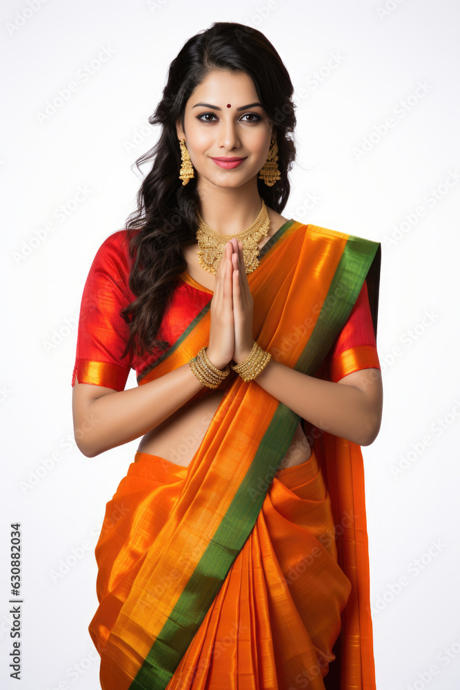 Indian pretty woman in saree in prayer pose or welcoming guests ...