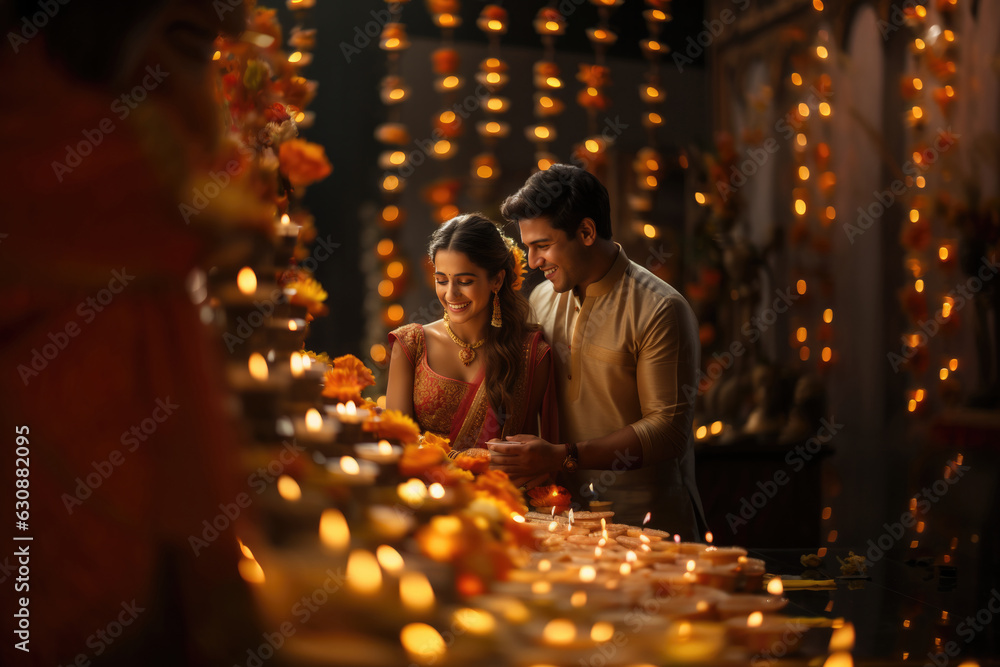 Indian young couple celebrating diwali ,holding plate of diya, night ...