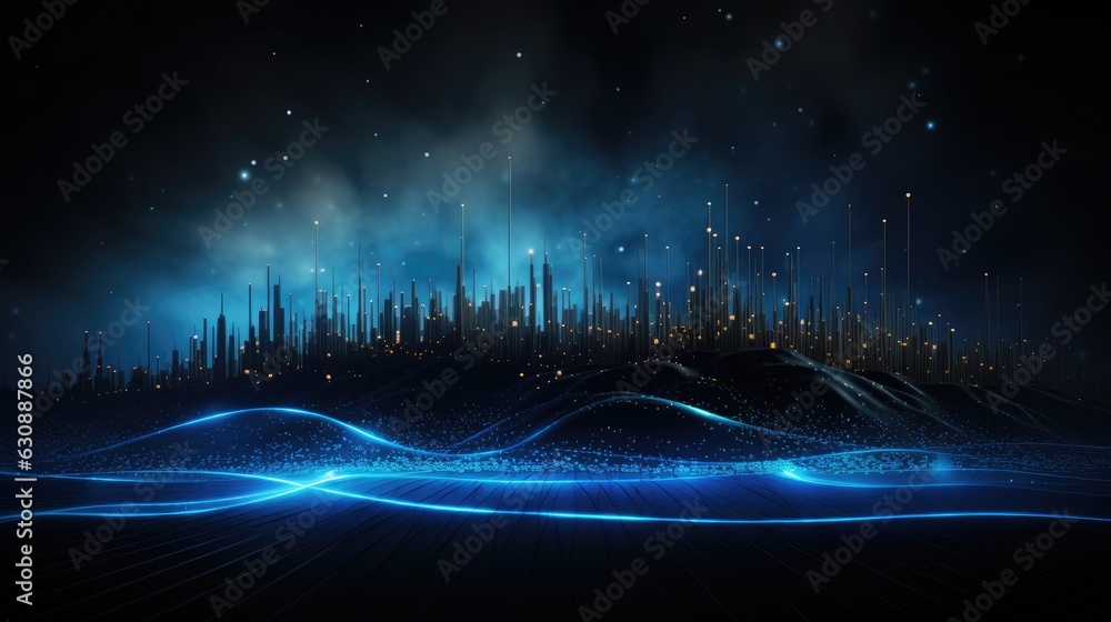 Visualization of blue data flows with waves and graphs on a dark ...