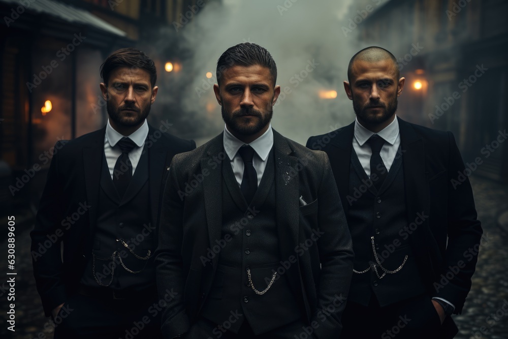 3 Man in stylish retro old-fashioned suit look like cool gangsters ...