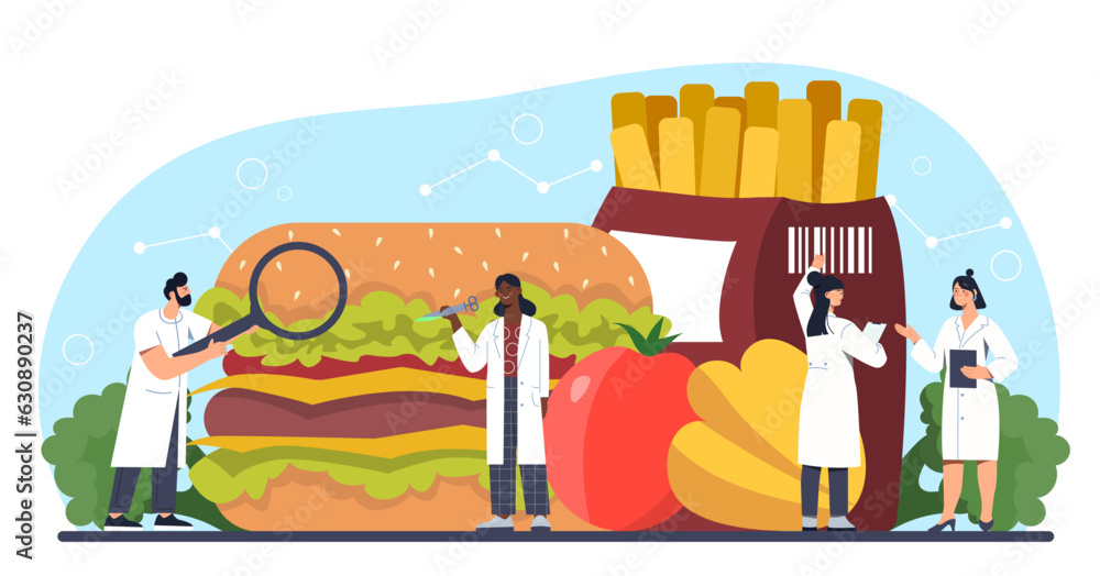 People with food research concept. Men and women in medical suits with ...