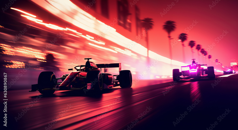 Colourful neon race car on the race track, Formula 1 at night competing ...