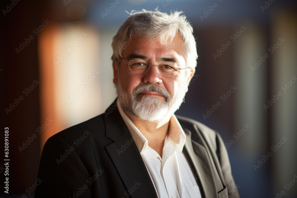 Man with white hair wearing a black suit jacket and a white collared ...
