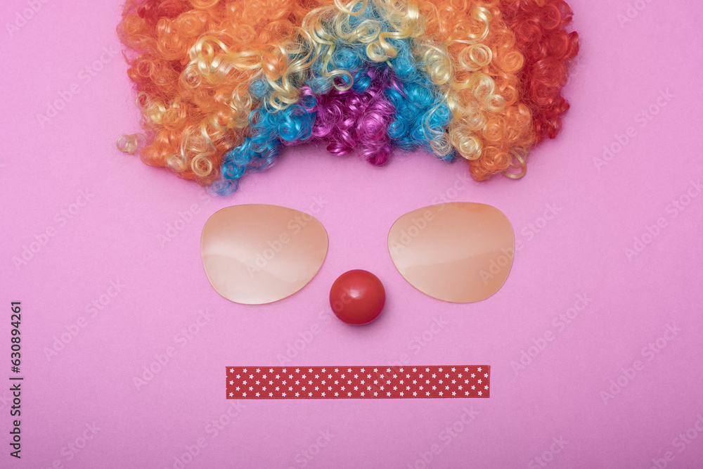Funny Party concept face formed with glasses lens. Rainbow Clown Wig ...