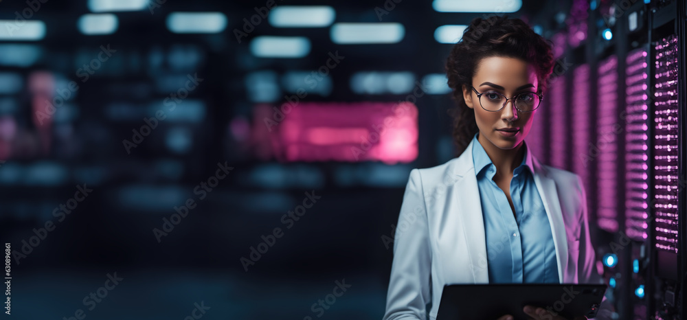Data Center Mastery, Tech Visionary. Female IT specialist stands ...