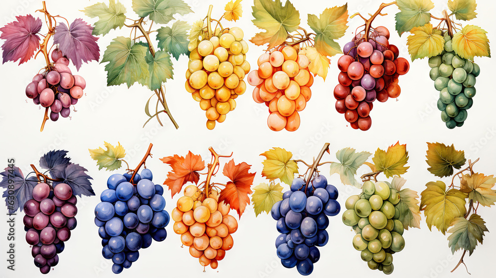 watercolor drawings grapes with leaves and vine set isolated on white ...