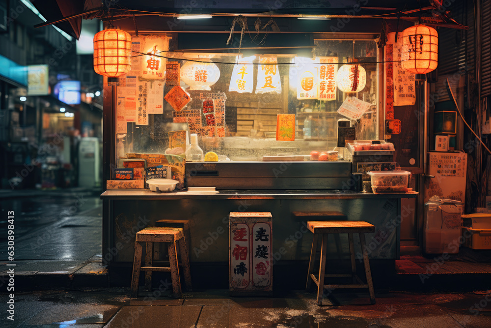 A small food stall on a street at night. The stall is lit up with ...