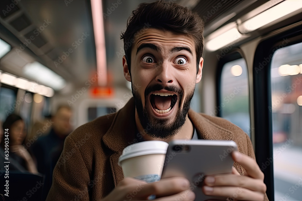 Excited man looking with wide open eyes into smartphone, holding paper ...