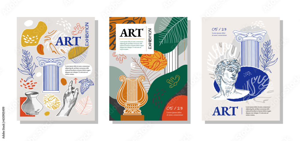 3 Art posters for the exhibition, magazine or cover, vector template ...