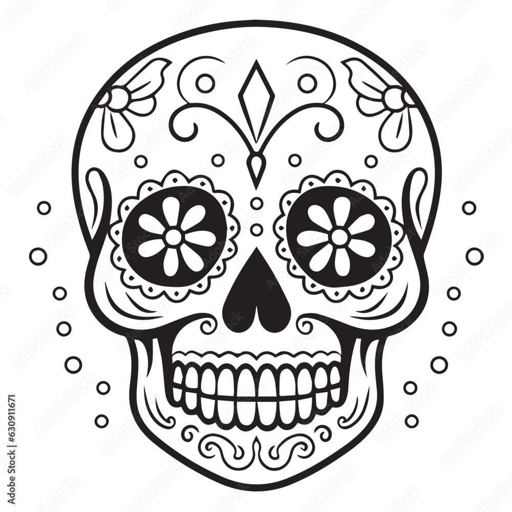 skull drawing decorated with motifs, mexica culture drawing, eps, ready ...