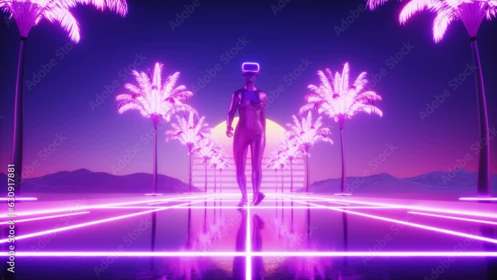 Female Character Walking between Neon Glowing Palm Trees Synthwave ...