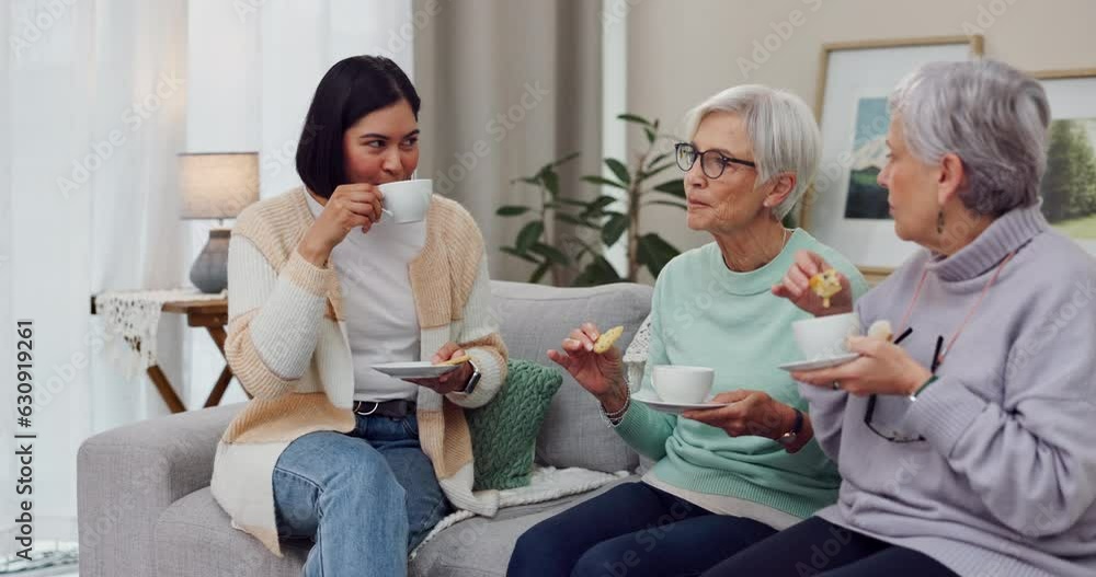 Friends, sofa and women visit in home for conversation, discussion and ...