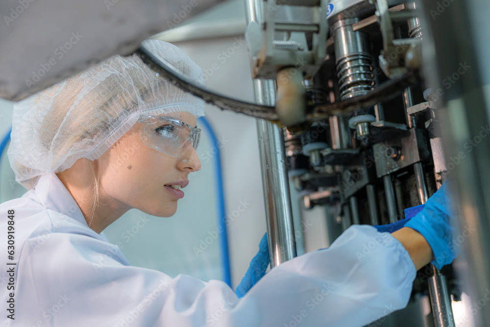 Factory woman engineer inspecting water dispenser on the machine. The ...