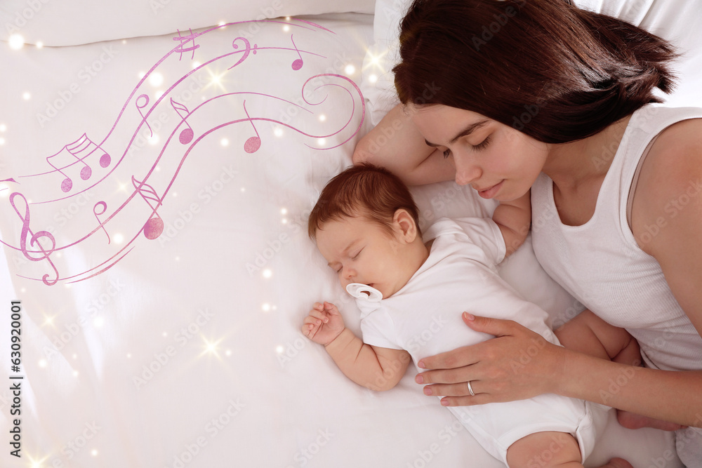 Lullaby songs. Mother and her baby sleeping at home. Illustration of ...