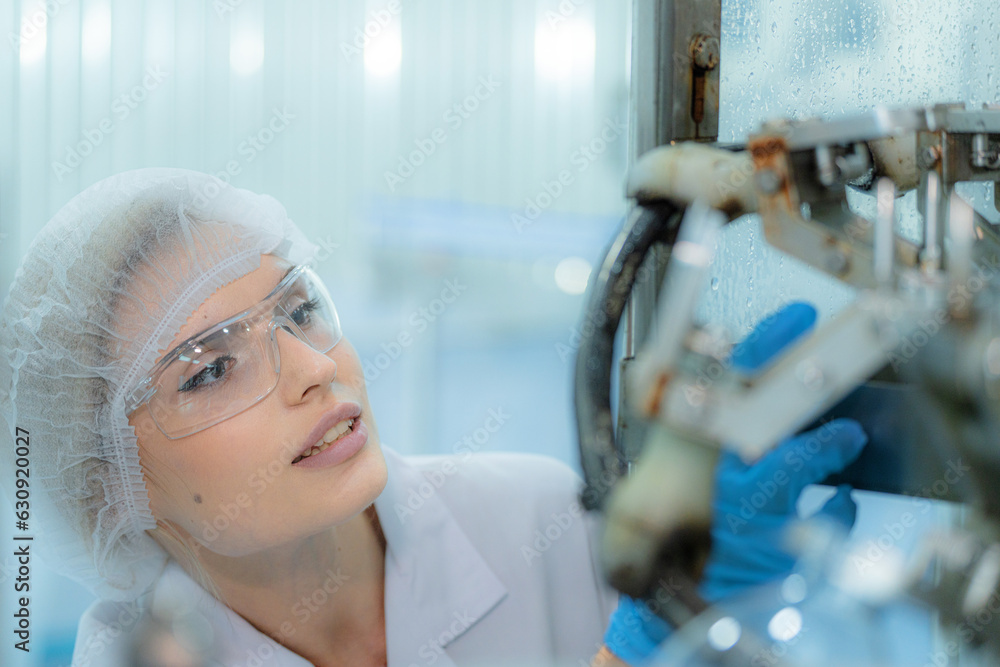 Factory woman engineer inspecting water dispenser on the machine. The ...
