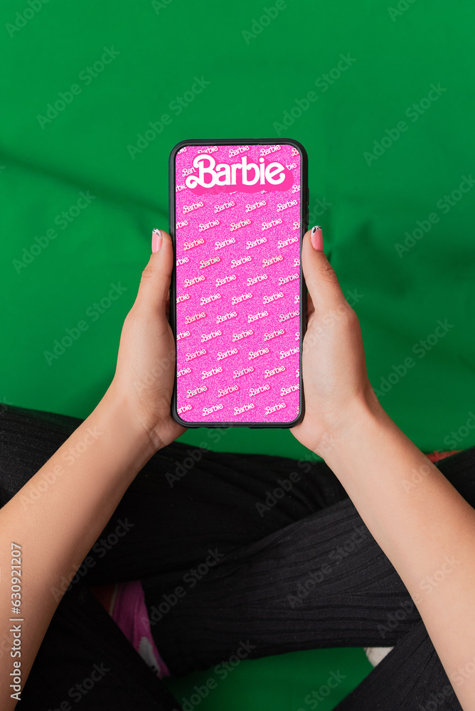 Barbie the movie. Thematic vertical background of woman's hands holding ...