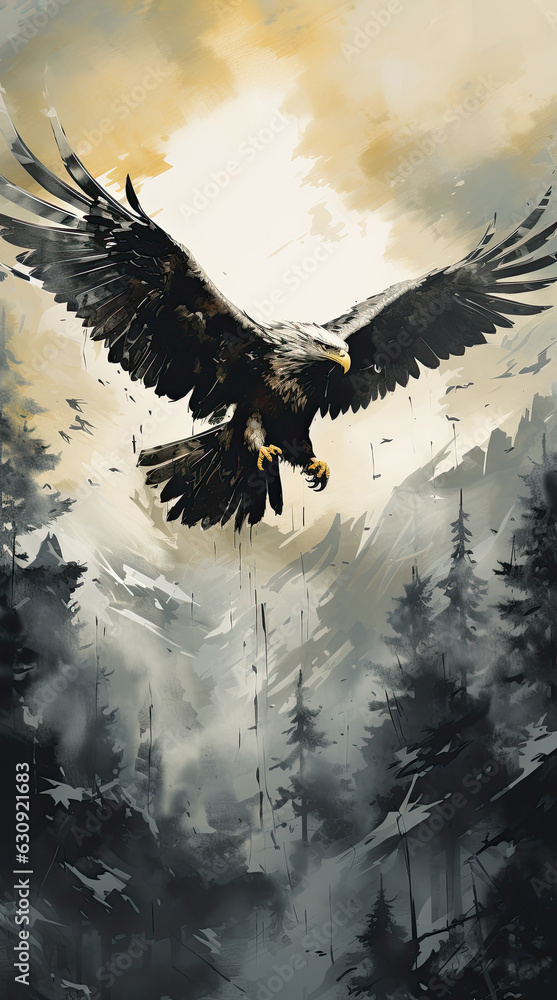 A flying hawk with spread wings extended its claws. Vintage monochrome ...