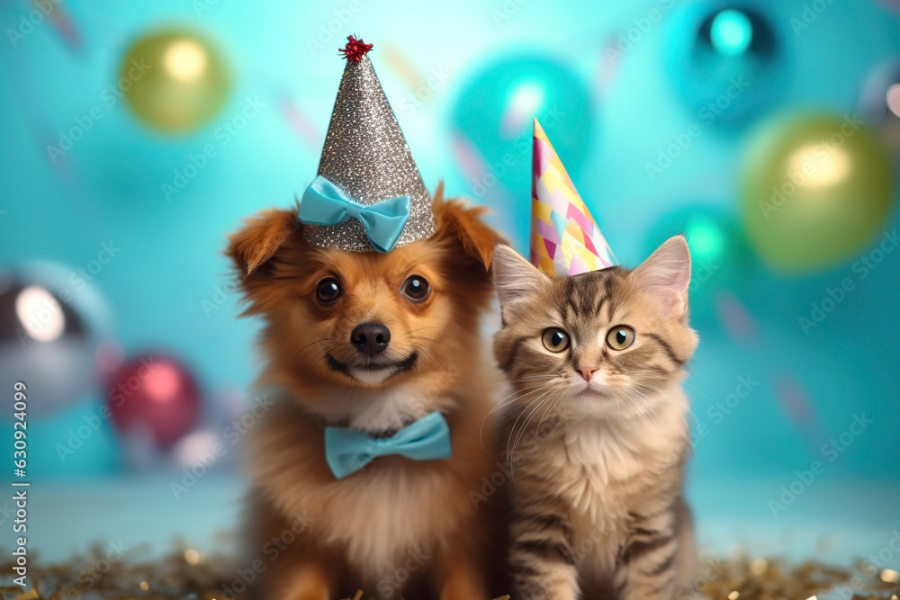 Adorable cat and dog wearing hilarious party clothes, striking a pose ...
