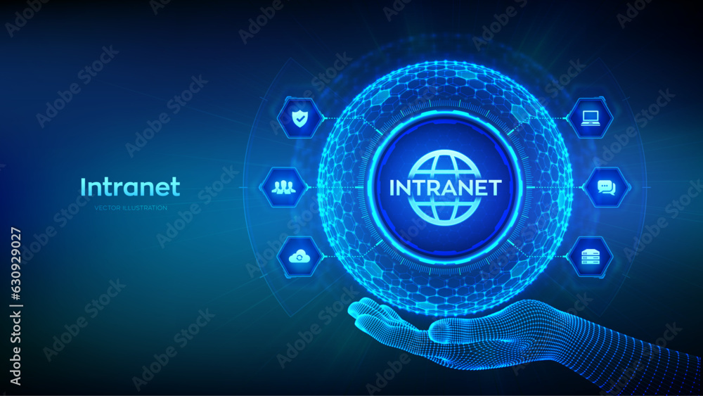 INTRANET. Global Network Connection Technology concept in the shape of sphere with hexagon grid ...