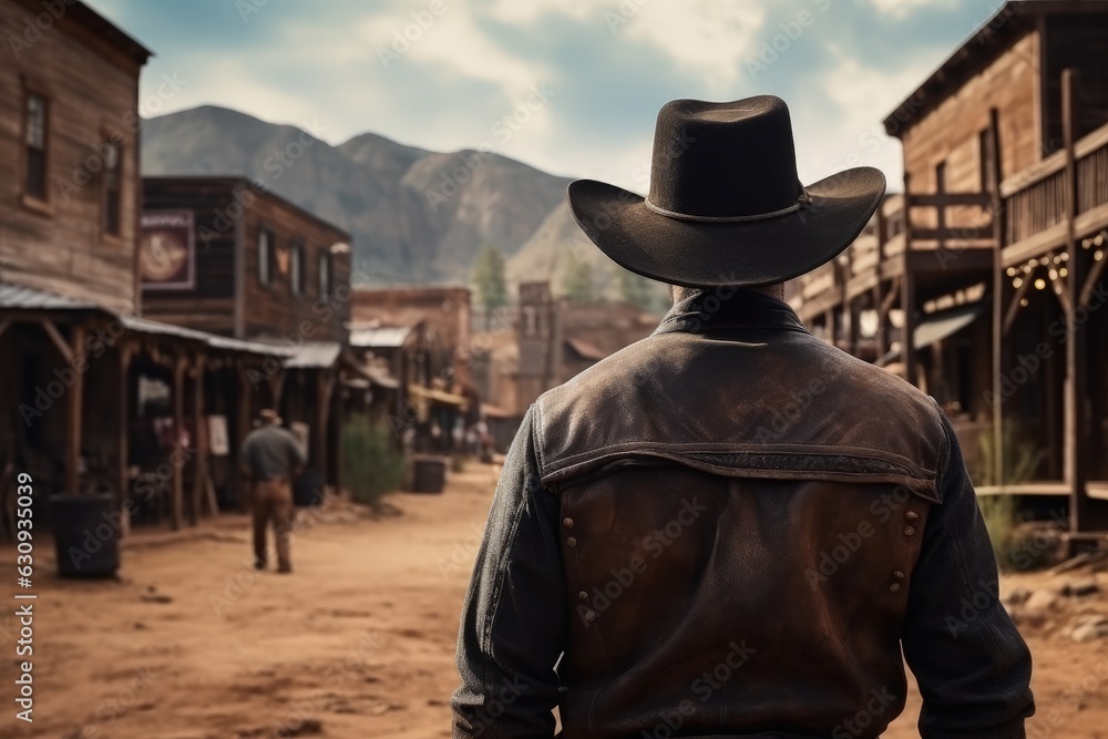 Cowboy seen from behind on Old West Town street, Cowboy in the Wild ...