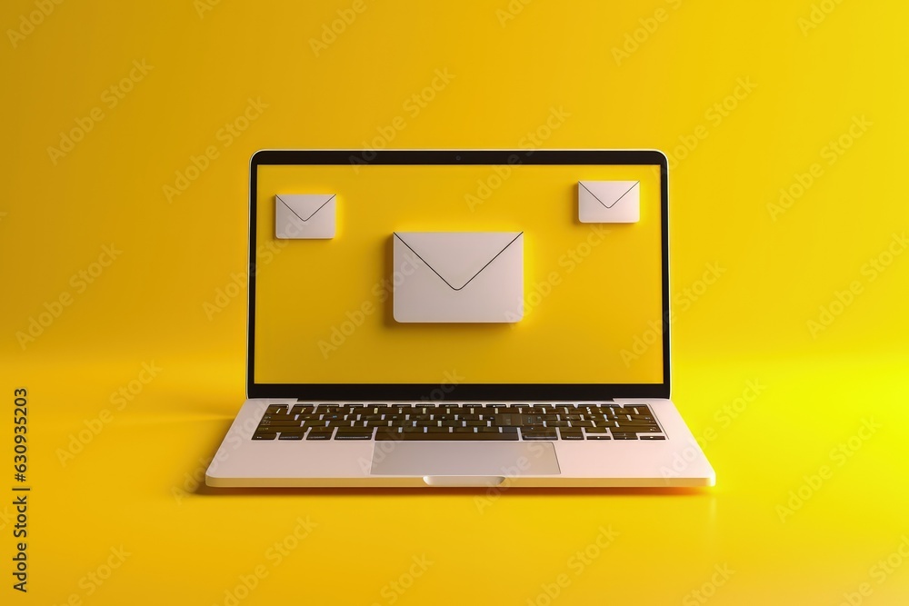 Laptop with envelope on screen on yellow background, email marketing ...